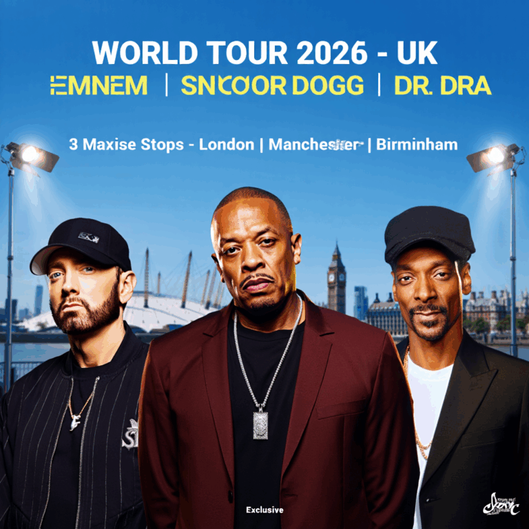 Insiders claim the Eminem, Snoop Dogg, Dr. Dre, and 50 Cent World Tour 2026 in UK will employ ...